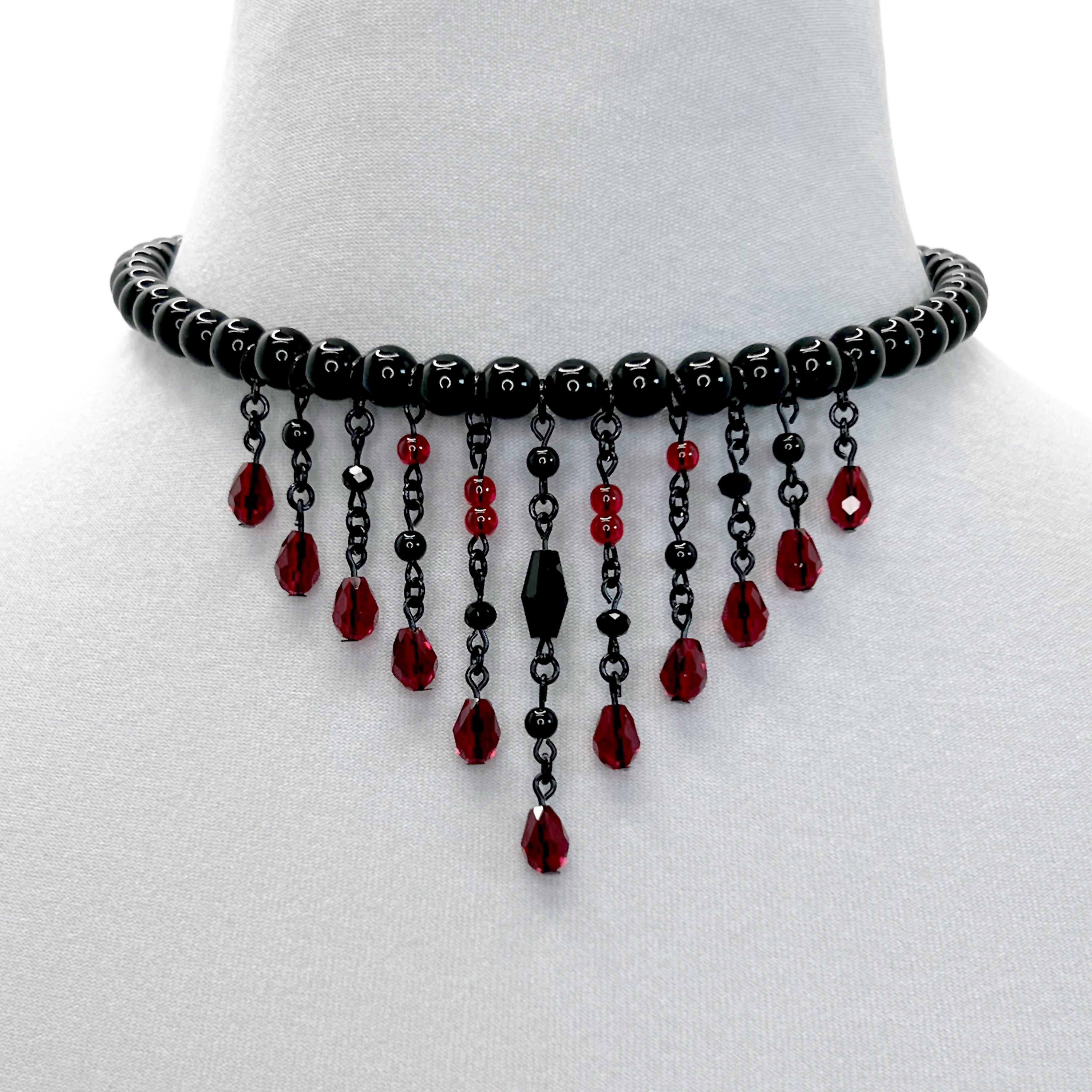 Black and Red Glass Bead Fringe Gothic Choker Necklace (Copy ...